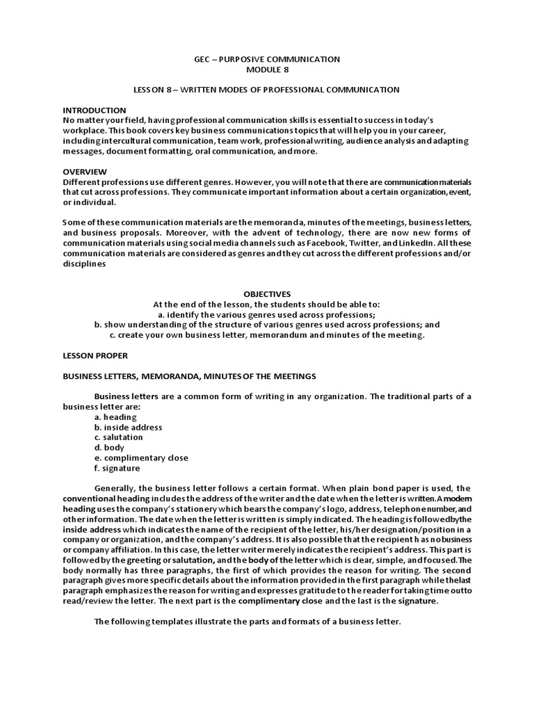 Purposive Communication Module 8 | PDF | Memorandum | Facebook