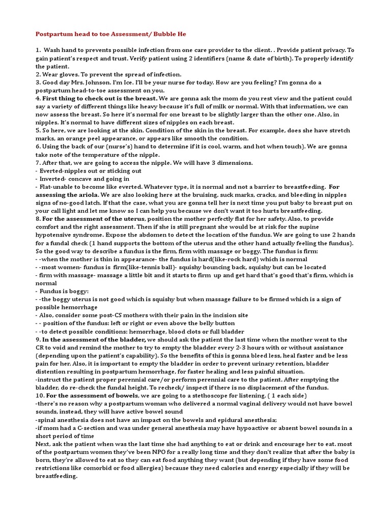 Postpartum Head To Toe Assessment/ Bubble He | PDF | Uterus ...