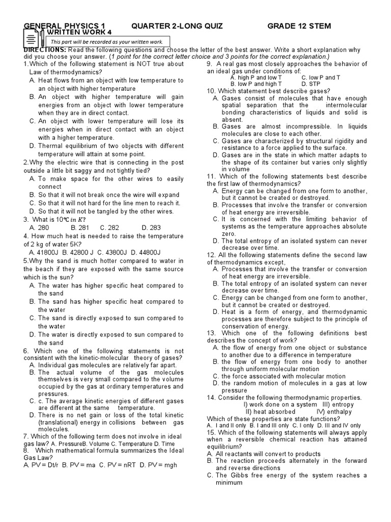 Grade 12 Physics Quarter 2 Quiz | PDF | Gases | Heat