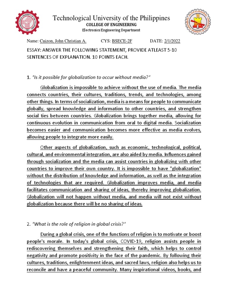 Cuizon, John Christian A. - Globalization and Media, - Religion | PDF ...