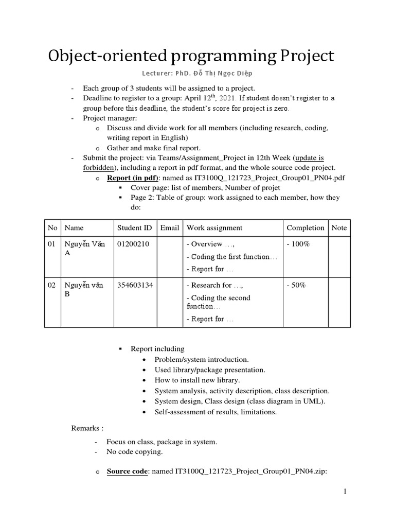 Object-Oriented Programming Project: Lecturer: Phd. Đỗ Thị Ngọc Diệp ...