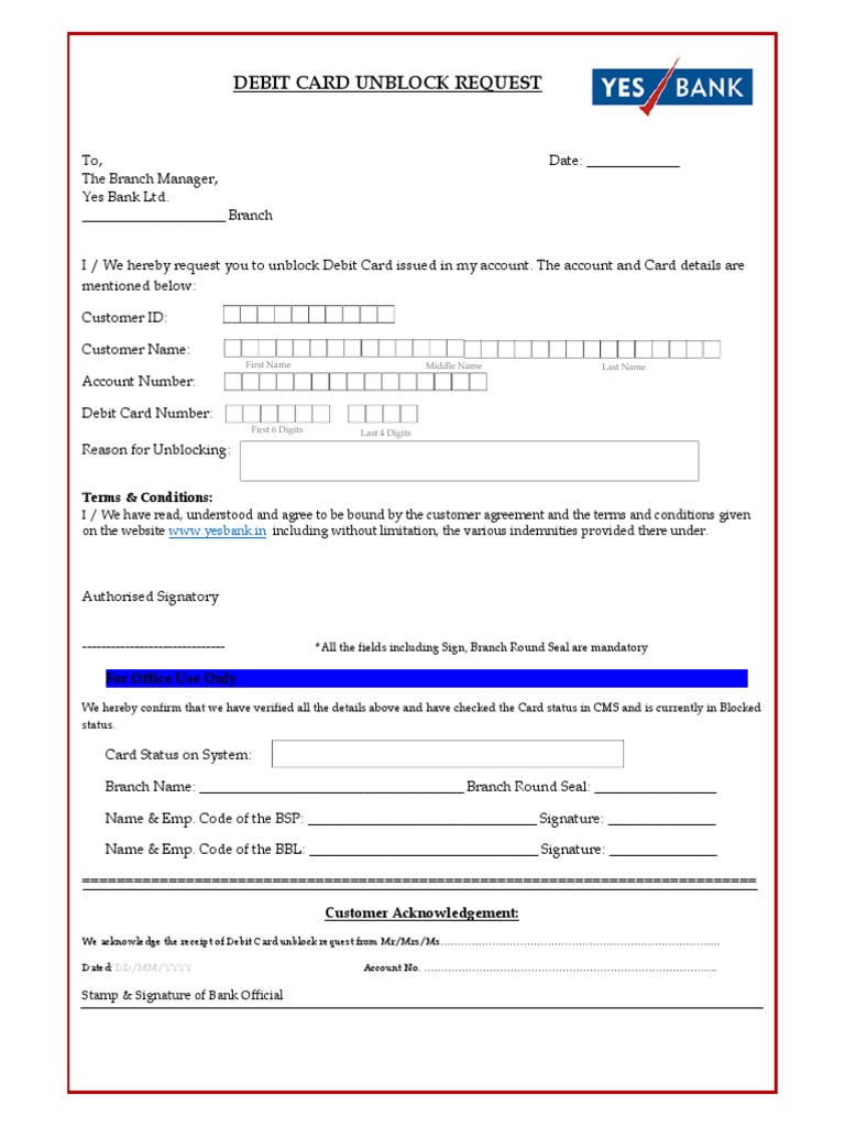 Debit Card Unblock Form - Rev | PDF | Finance & Money Management