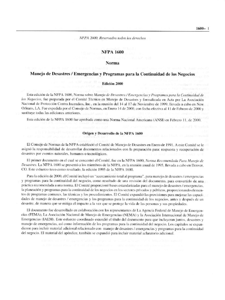 NFPA 1600 Manejo de Desastres Emergencias y Programas para La ...