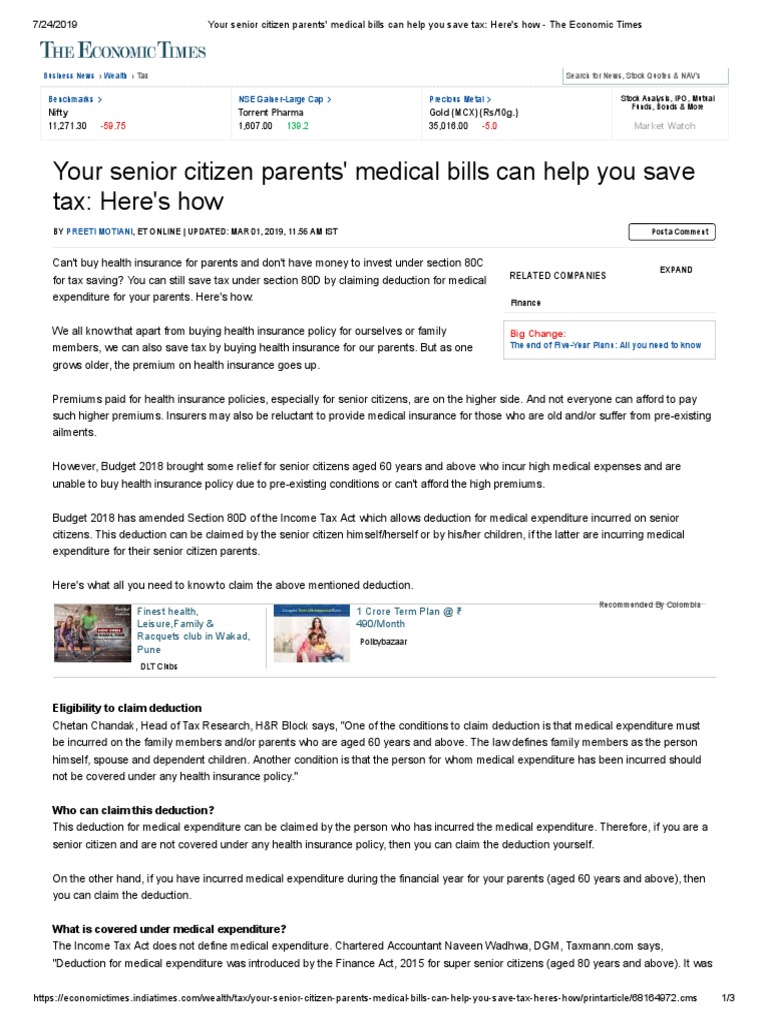 Your Senior Citizen Parents' Medical Bills Can Help You Save Tax - Here's How - The Economic ...