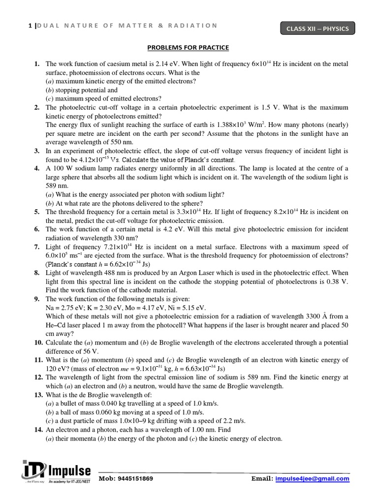 Problems For Practice - Dual Natutre | PDF | Photoelectric Effect | Electron