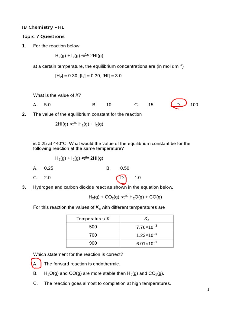 IB Chemistry - HL Equilibrium Constant Questions | PDF | Chemical ...