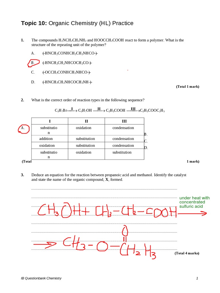 Topic 10: Organic Chemistry (HL) Practice: (Total 1 Mark) | PDF ...