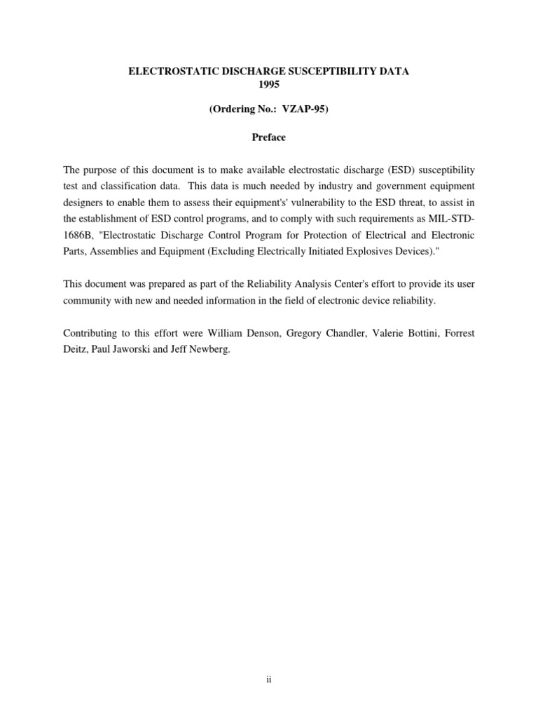 Electrostatic Discharge Susceptibility Data 1995 (Ordering No.: VZAP-95) Preface | PDF ...