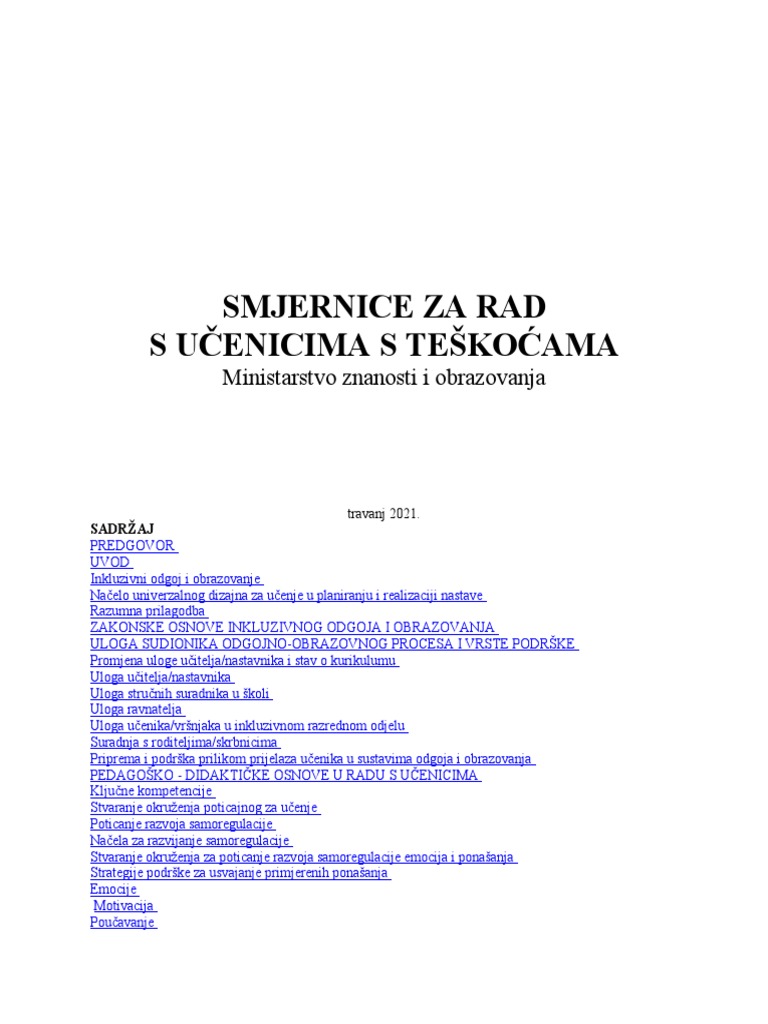 Smjernice Za Rad S Učenicima S Teškoćama: Ministarstvo Znanosti I Obrazovanja | PDF