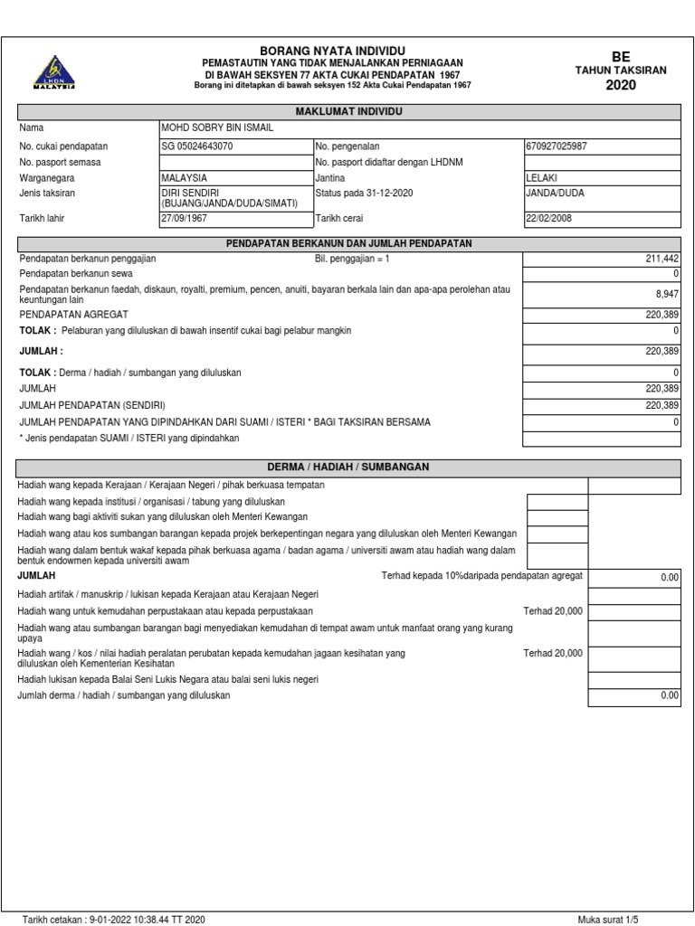 Borang Be 2020 Pdf