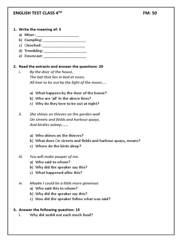 English Test Class 4 FM: 50: 1. Write The Meaning Of: 5 | PDF