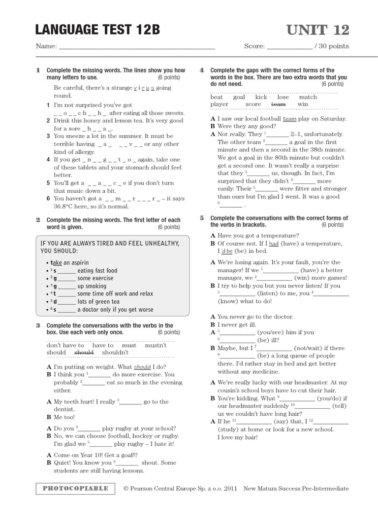Language Test 12B: Unit 12 | PDF