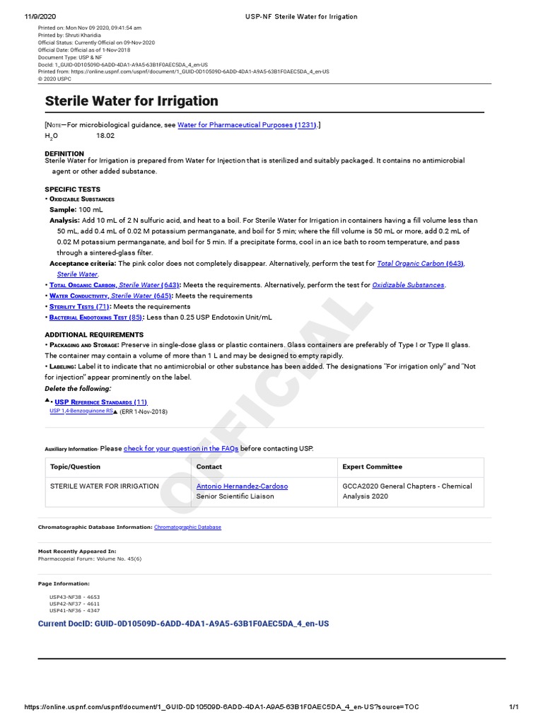 USP-NF Sterile Water For Irrigation | PDF | Water | Chemical Substances