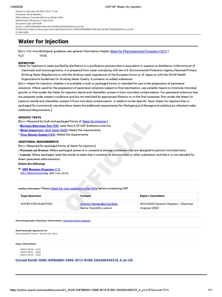 USP-NF Water For Injection | PDF | Water | Sterilization (Microbiology)