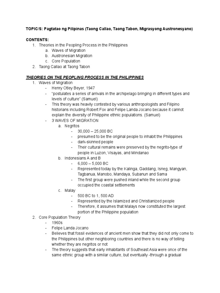 TOPIC/S: Pagtatao NG Pilipinas (Taong Callao, Taong Tabon, Migrasyong ...