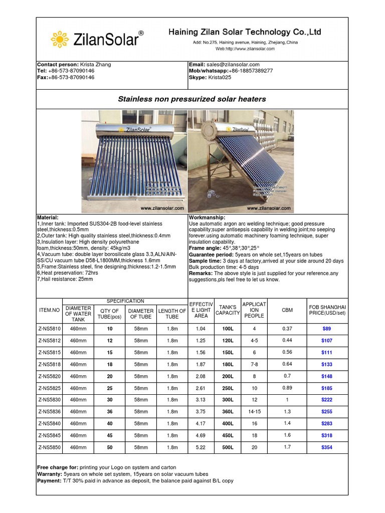 ZILAN-Stainless Steel Non Pressurized Solar Water Heaters Price List ...