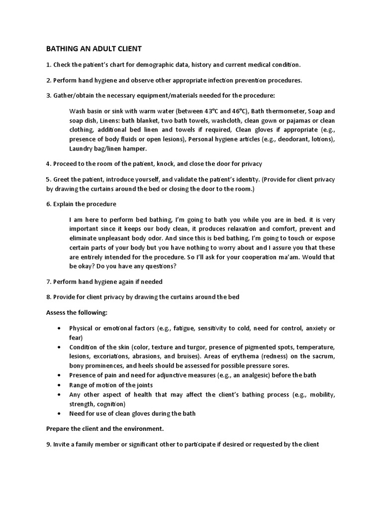 Bathing An Adult Client: Assess The Following | Download Free PDF ...