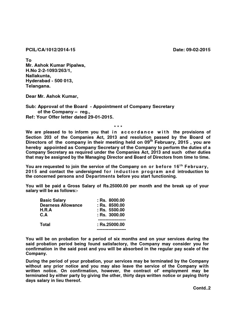 Company Secretary Appointment Letter | PDF | Board Of Directors ...