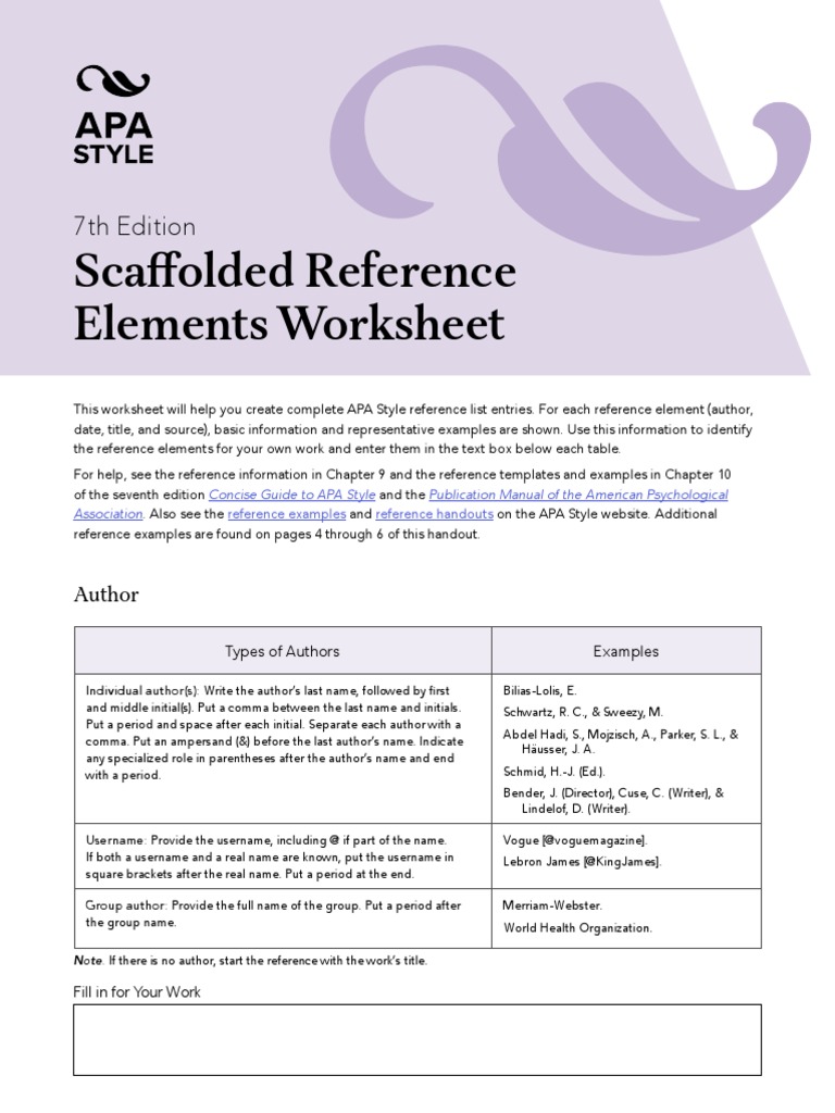 APA Scaffolded-Reference-Elements-Worksheet | PDF | Apa Style | Bracket