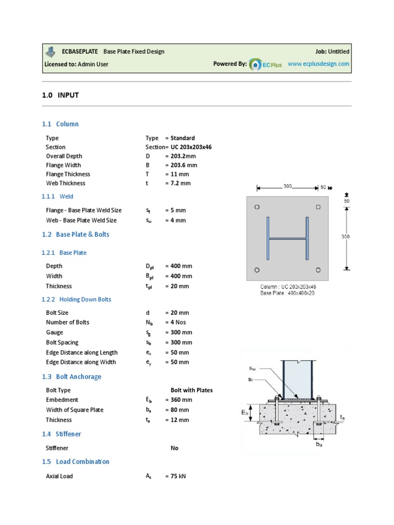 ECBASEPLATE Fixed Base Plate Design | PDF | Screw | Continuum Mechanics