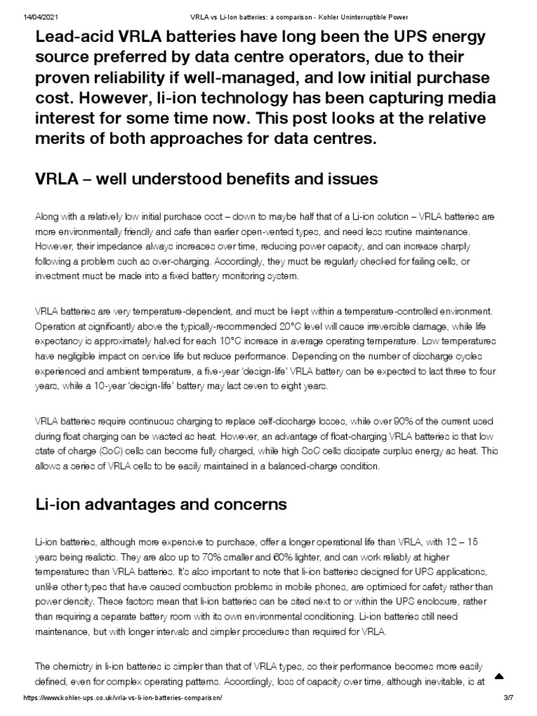 VRLA Vs Li-Ion Batteries - A Comparison - Kohler Uninterruptible Power ...