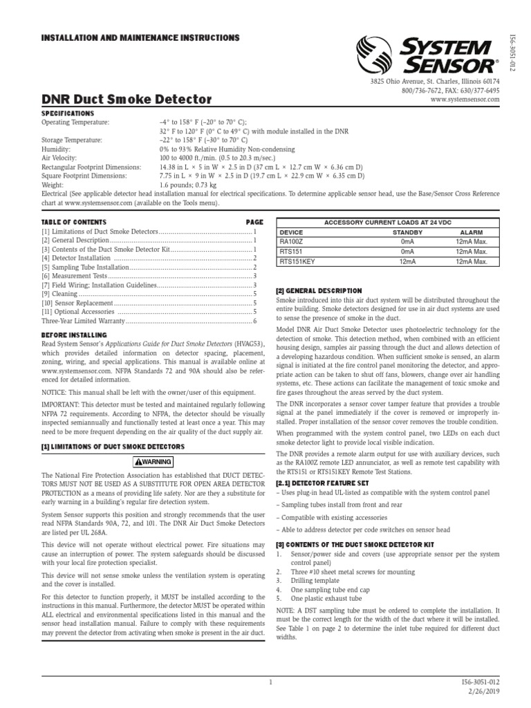 DNR Duct Smoke Detector: Installation and Maintenance Instructions ...