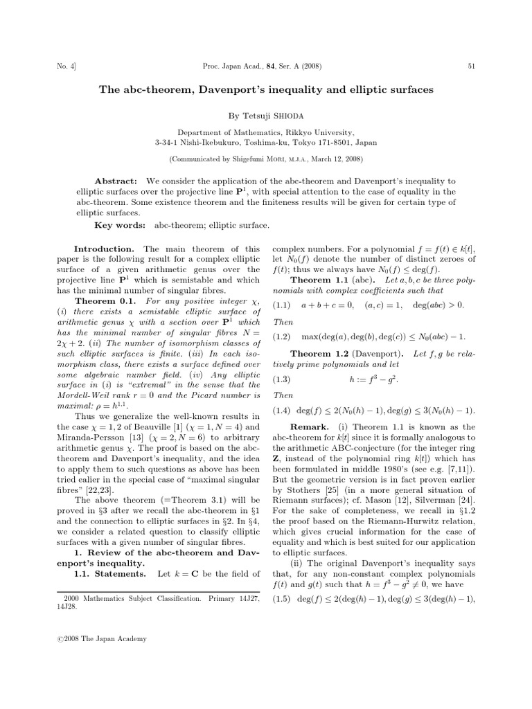 The Abc-Theorem, Davenport's Inequality and Elliptic Surfaces | PDF ...