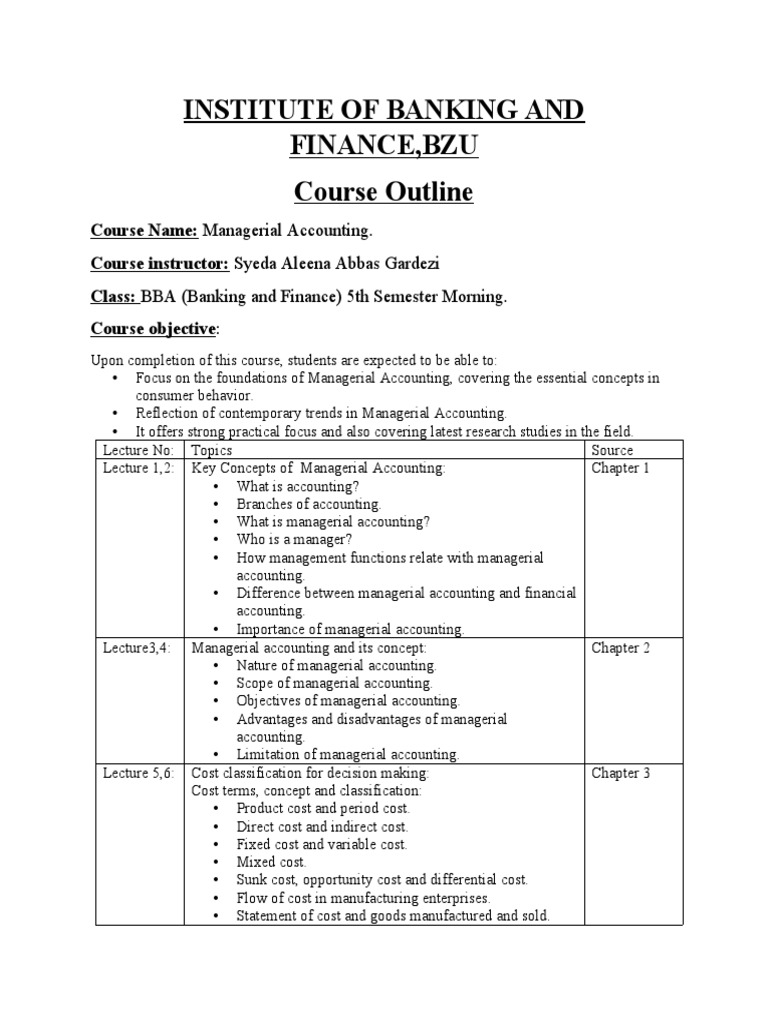 Managerial Accounting Course Outline | PDF | Management Accounting ...