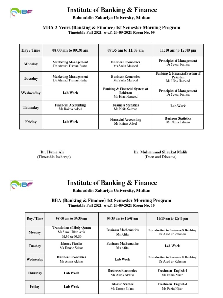 Timetables for Various Banking and Finance Programs at the Institute of ...