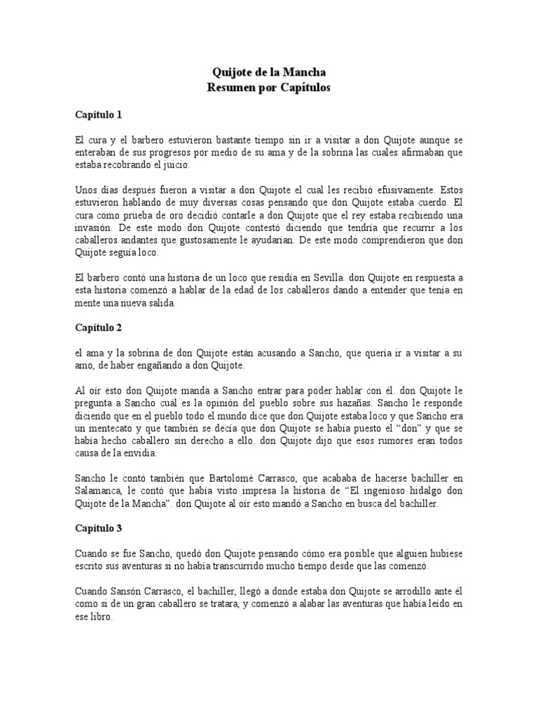 Resumen de "Don Quijote" por capítulos | PDF | Don Quijote | Caballero