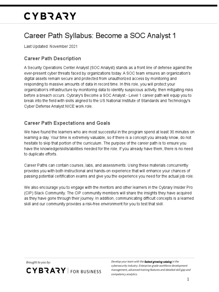 Career Path Syllabus - SOC Analyst Level 1 | PDF | Security | Computer ...