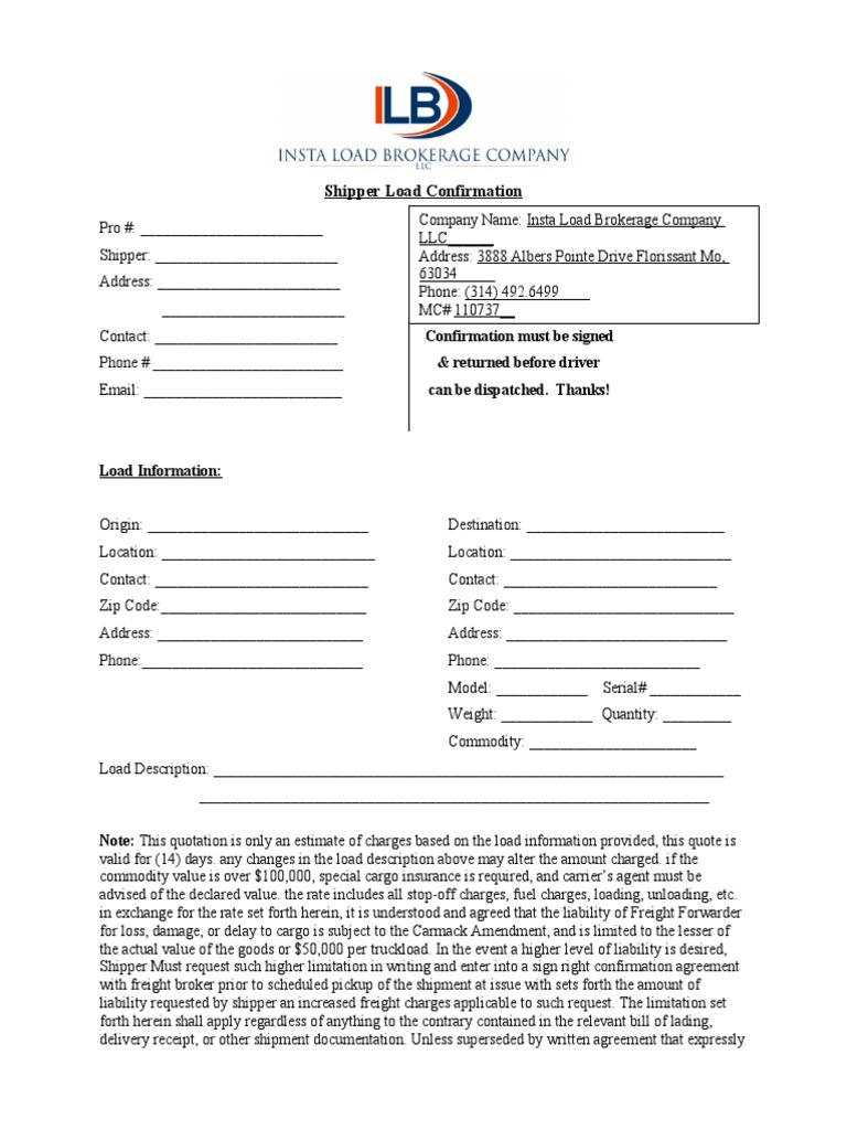 Shipper Load Confirmation | PDF | Cargo | Trade