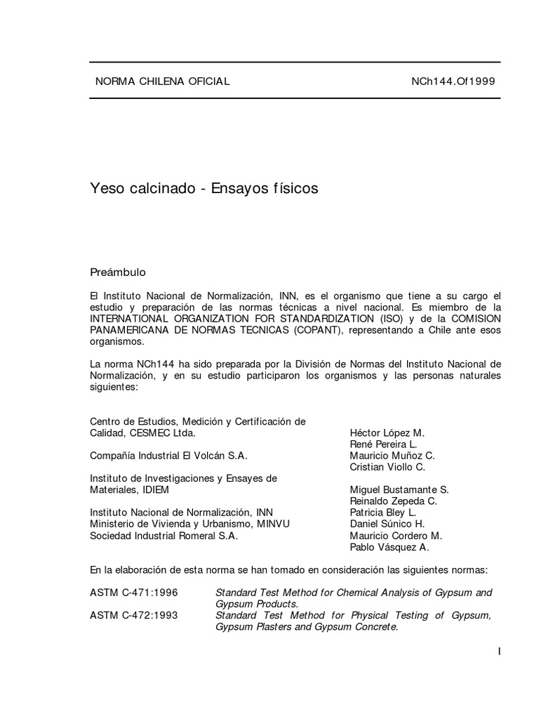 NCh0144-1999, Ensayos Físicos de Yeso Calcinado | PDF | Cemento | Yeso