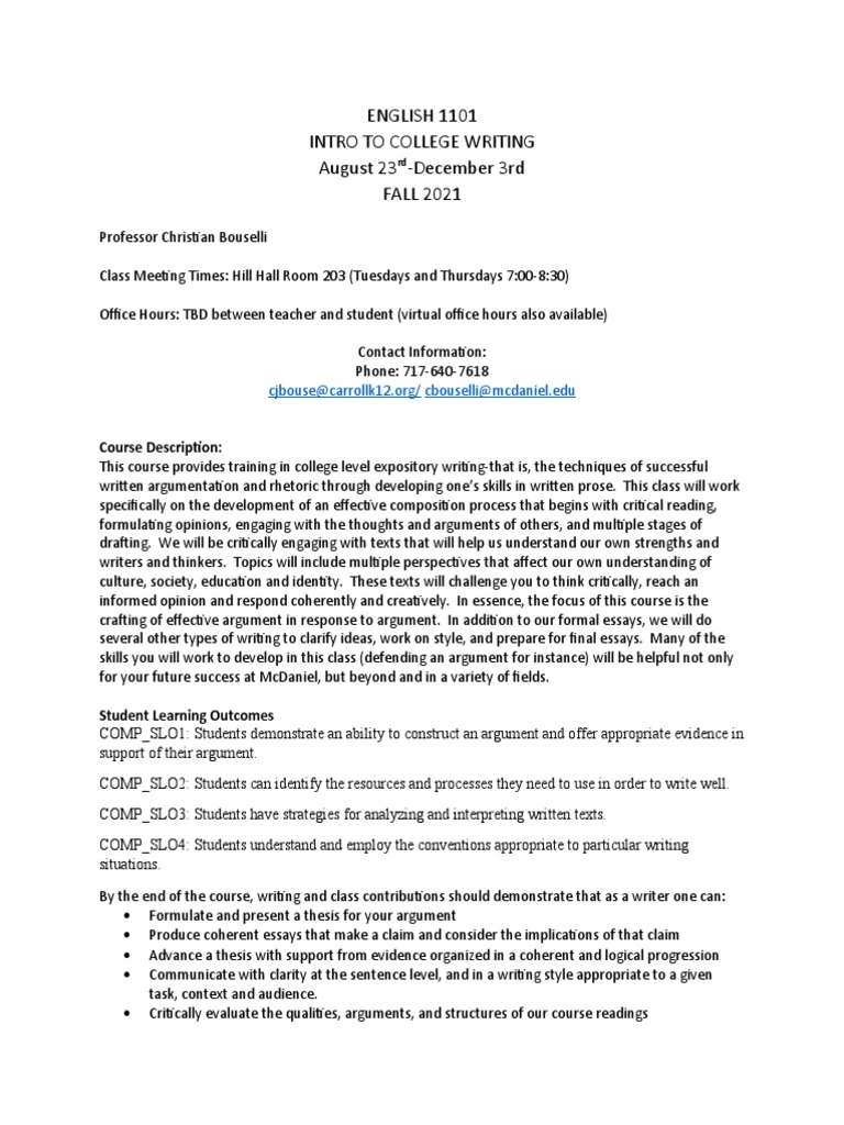ENGLISH 1101 Intro To College Writing August 23 - December 3rd FALL ...