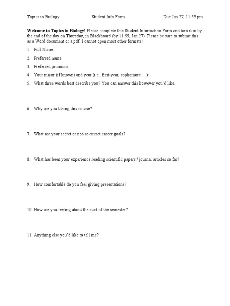 Welcome To Topics in Biology! Please Complete This Student Information ...