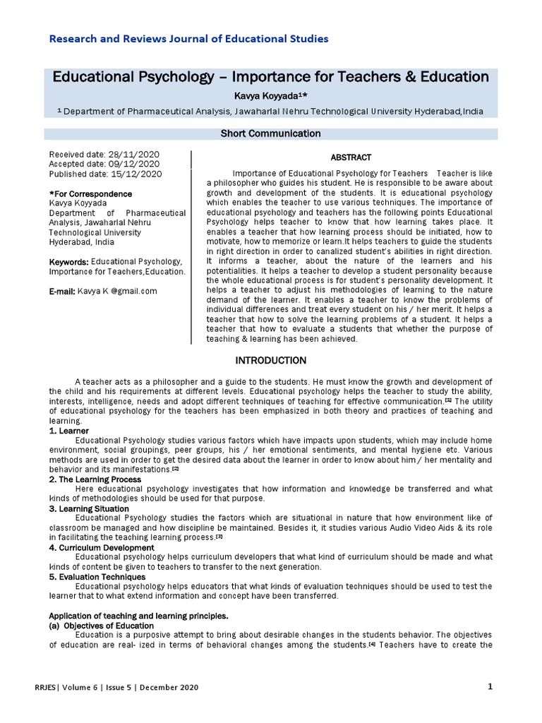 Educational Psychology - Importance For Teachers & Education | PDF ...