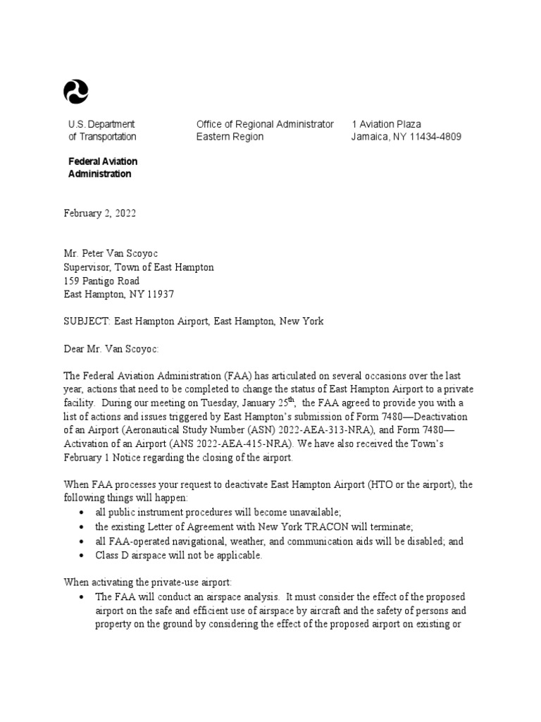 East Hampton FAA Airport Letter | PDF | Airport | Air Traffic Control