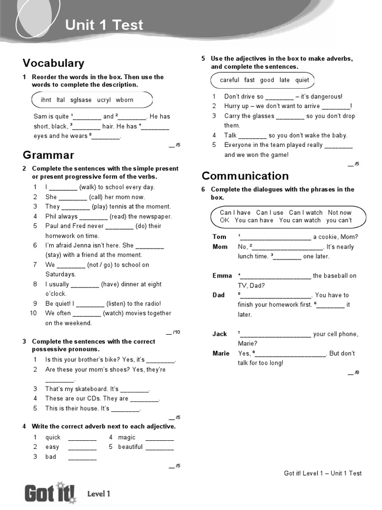 Unit 1 Test: Vocabulary | PDF | Adverb | Linguistic Typology