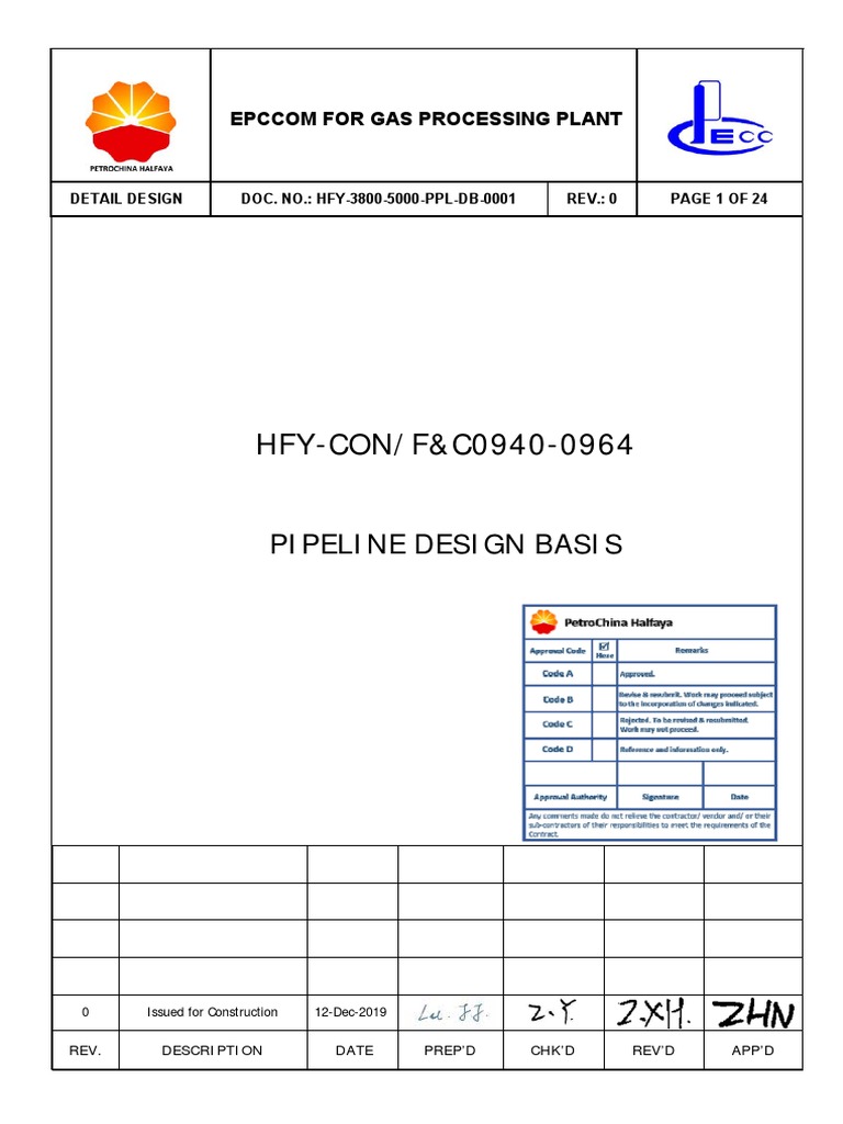 Hfy-3800-5000-Ppl-Db-0001 - 0 Pipeline Design Basis | PDF | Pipe (Fluid ...