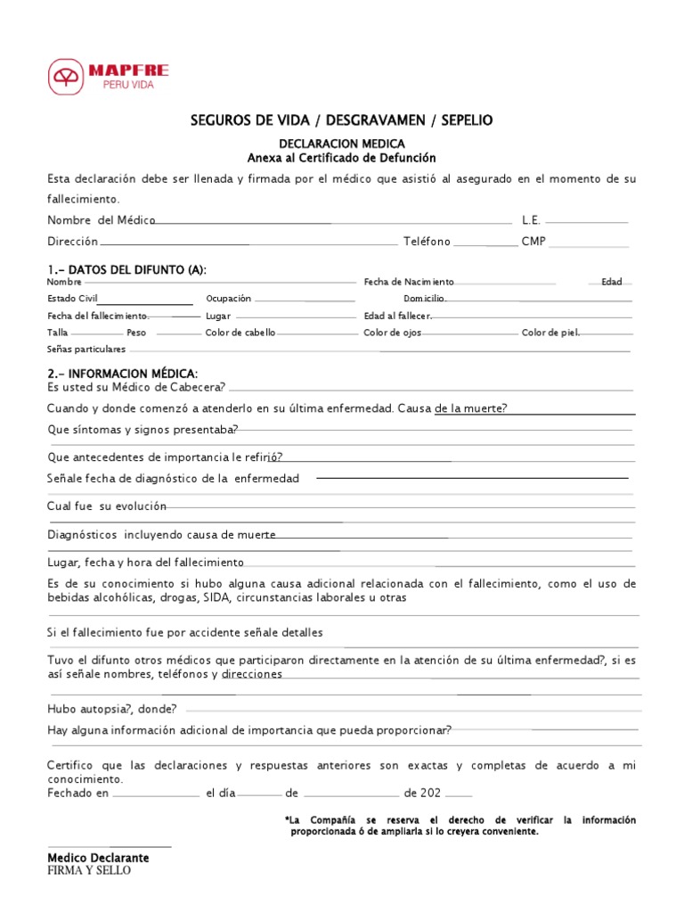 Formato Declaracion Medica Ampliatoria Mapfre 2020 | PDF