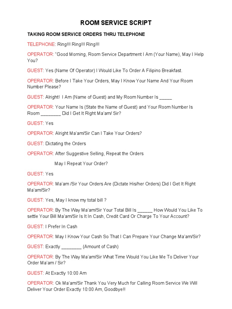 Room Service Script: Telephone Operator Guest Operator Guest Operator ...