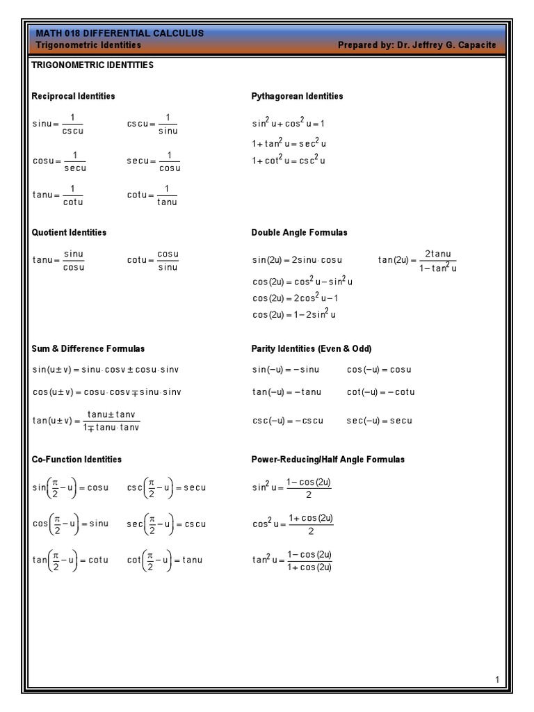 Math 018 Differential Calculus Trigonometric Identities Prepared By: Dr ...