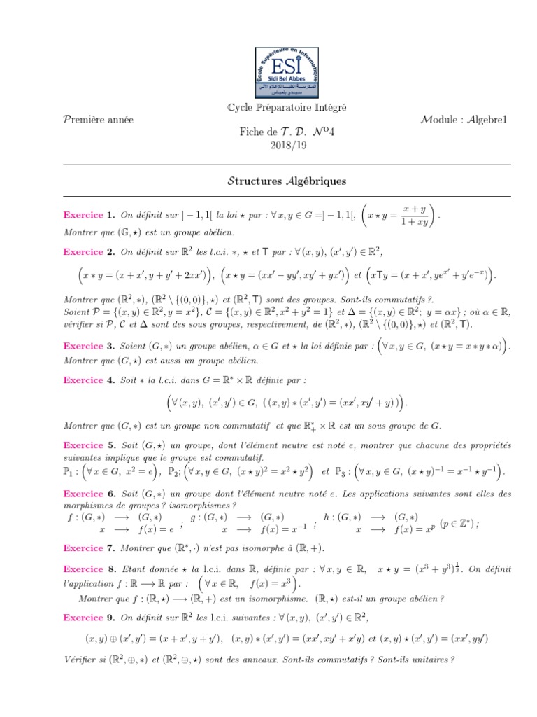 TD Structures Ensi 2018 2019 | PDF | Anneau (mathématiques) | Structures mathématiques