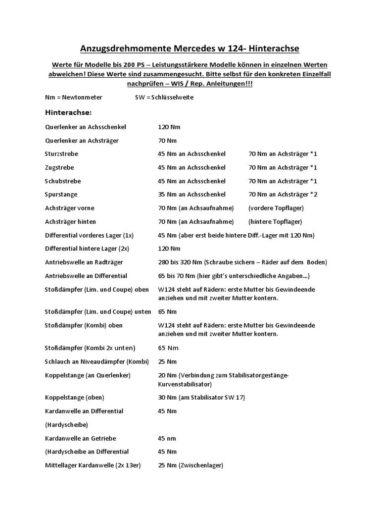 Anzugsdrehmoment Tabelle Mercedes