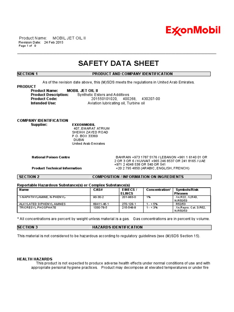 Safety Data Sheet: Product Name: Mobil Jet Oil Ii | PDF | Firefighting ...