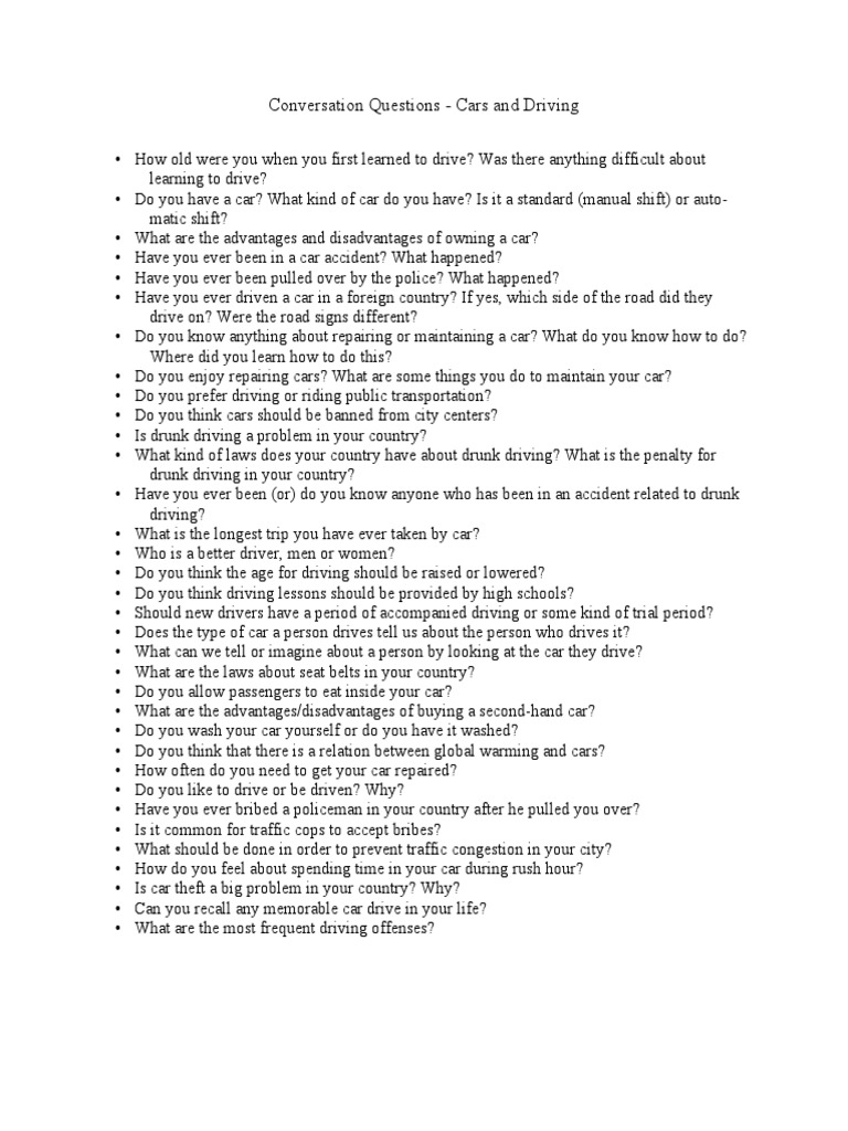 Conversation Questions - Cars and Driving | PDF | Career & Growth ...
