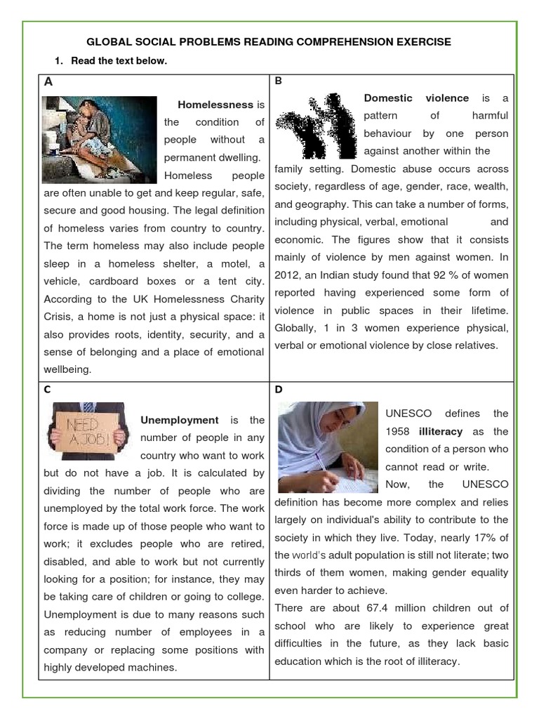 Global Social Problems Reading Exercise | PDF | Homelessness | Violence