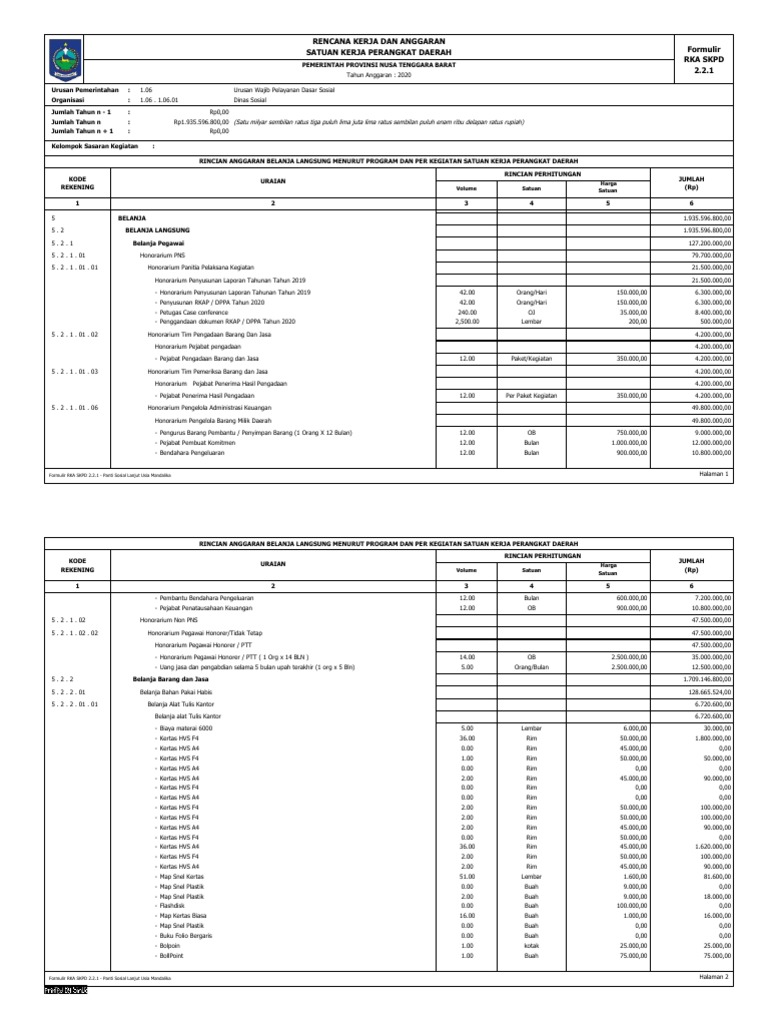 Rencana Kerja Dan Anggaran Satuan Kerja Perangkat Daerah Formulir Rka SKPD 2.2.1 | PDF