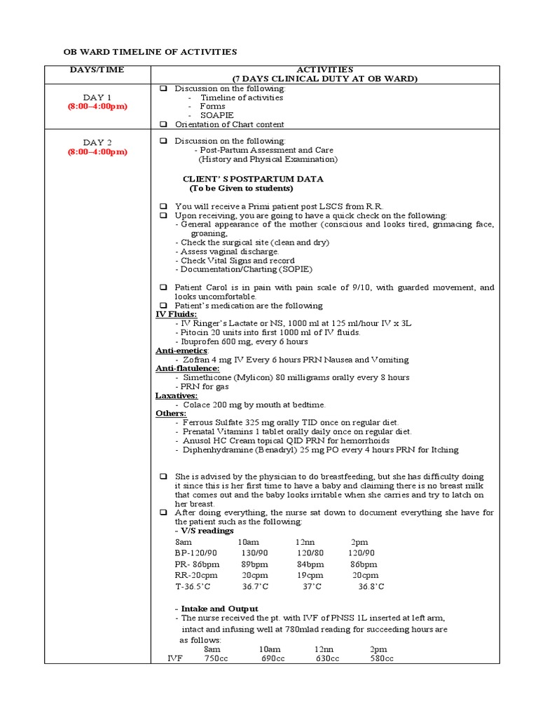 Ob Ward Timeline of Activities | PDF | Breastfeeding | Breast Milk