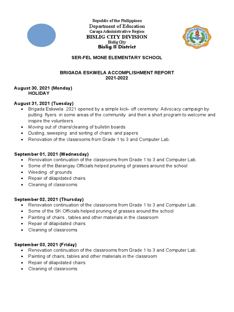 Accomplishment Report On Brigada Eskwela 2021 | PDF
